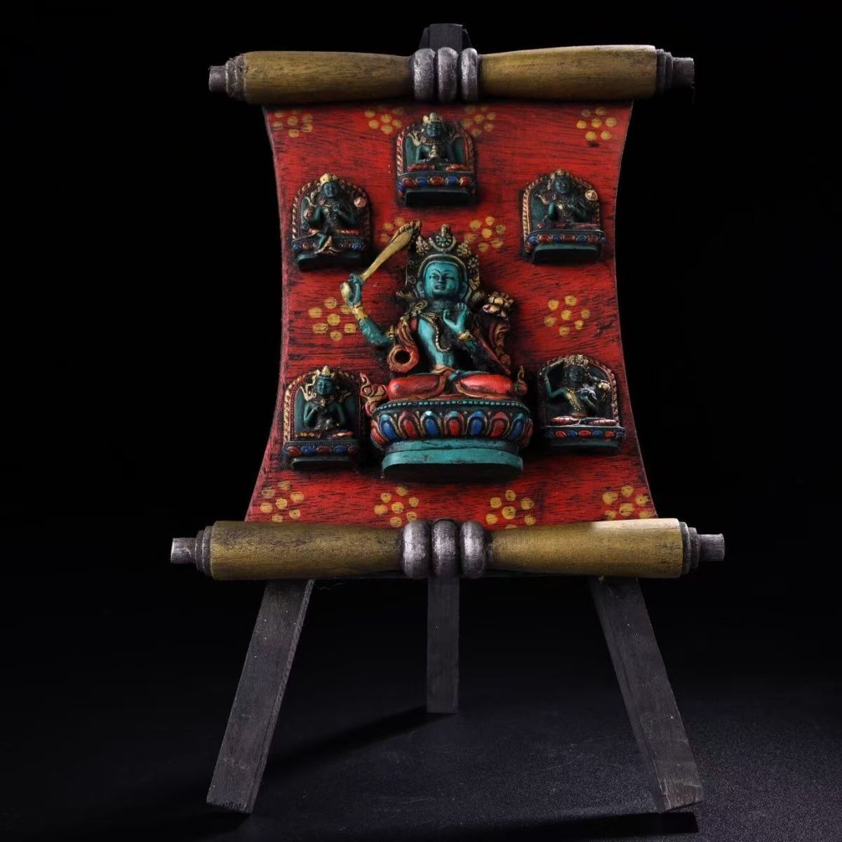 Yahoo!オークション - K97中国美術 木頭板嵌嵌彩絵文殊菩薩唐仏壇 置物