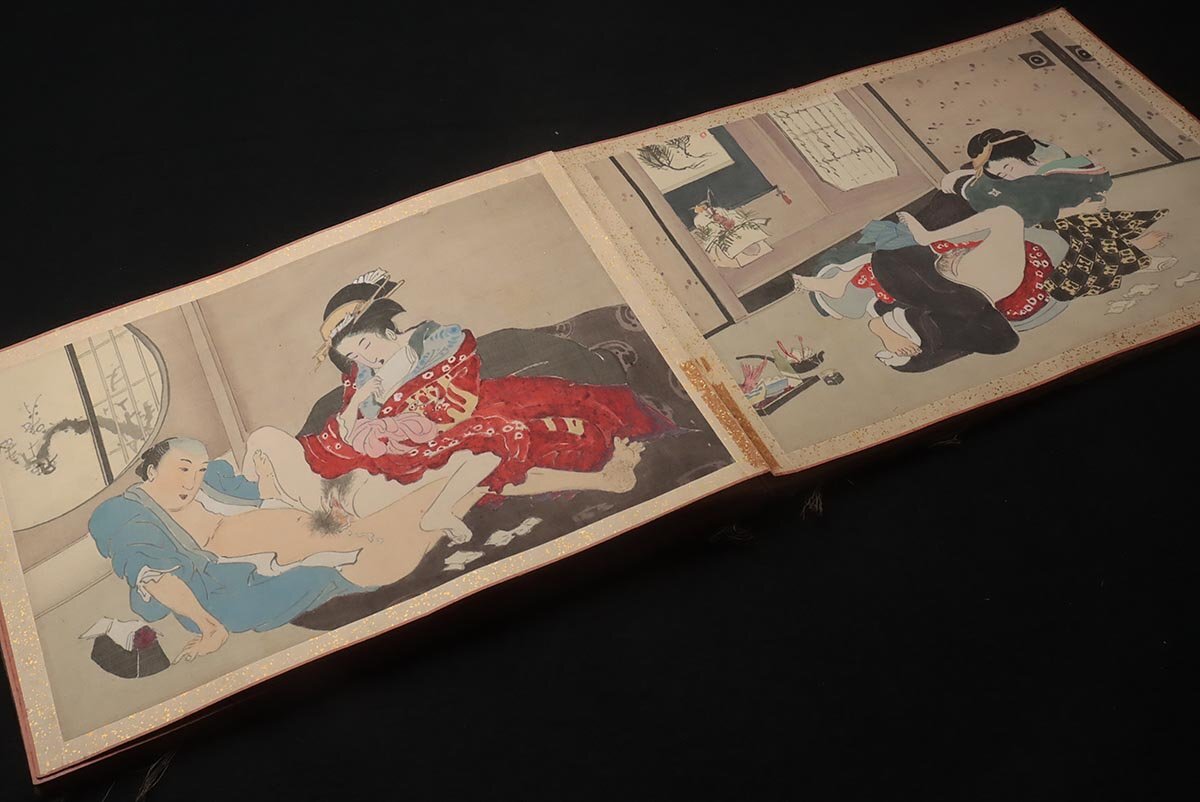EZ414 時代物 肉筆 絹本彩色 浮世絵「春画」全十二図 画帖 横 EZ414 時代物 肉筆 絹本彩色 浮世絵「春画」全十二図 画帖 横
