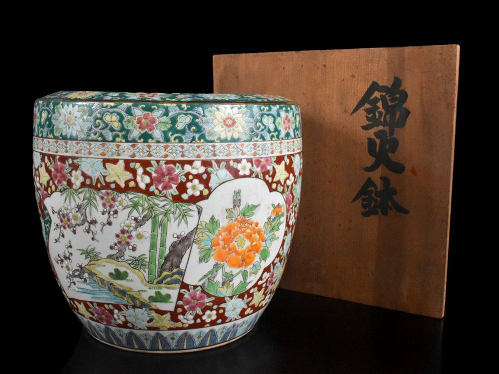 雲】某有名収集家買取品 古伊万里 色絵松竹花唐草図火鉢 直径 雲】某有名収集家買取品 古伊万里 色絵松竹花唐草図火鉢 直径