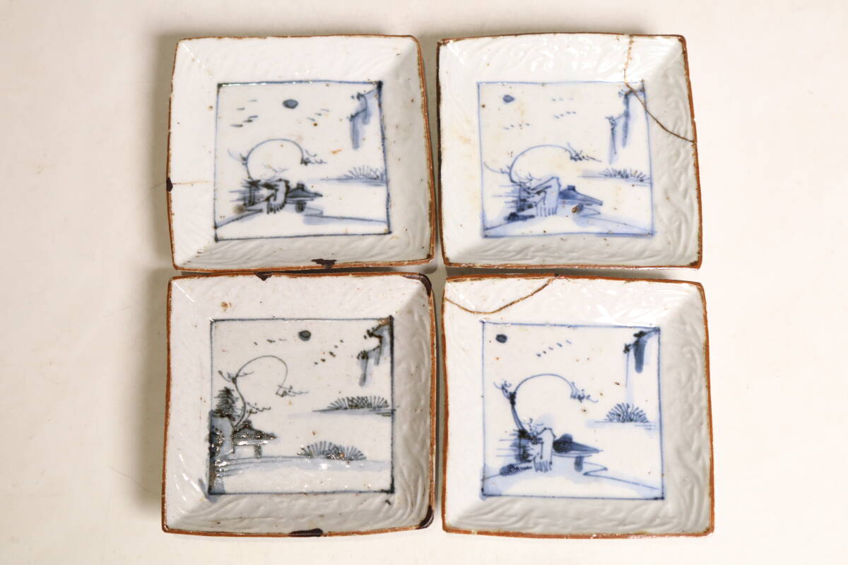 Yahoo!オークション - 初期伊万里 染付山水紋 四方小皿 四客 木箱附 江...