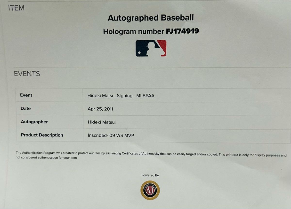 証明書付き☆55個限定☆松井秀喜☆2009年 WS MVP☆公式球☆直筆 証明書付き☆55個限定☆松井秀喜☆2009年 WS MVP☆公式球☆直筆