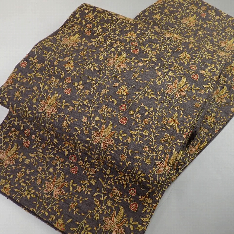 Yahoo!オークション - TA-5883 総刺繍 ムガシルク 袋帯 六通 草花文様...