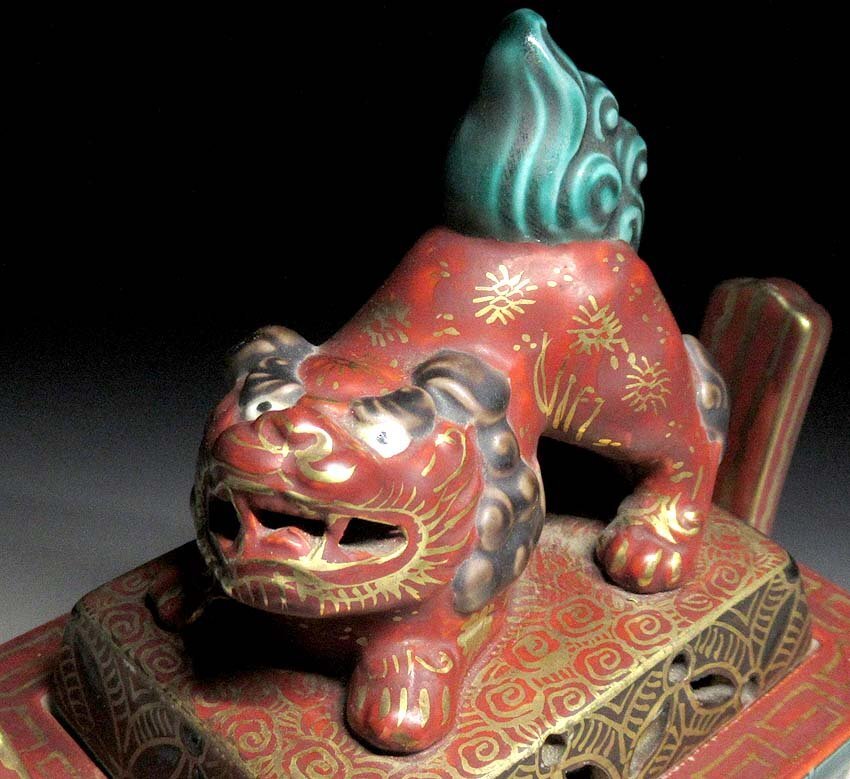 緑屋s□ 九谷 庄三 香炉 獅子摘 赤絵 色絵 木箱 時代物 旧家初 緑屋s□ 九谷 庄三 香炉 獅子摘 赤絵 色絵 木箱 時代物 旧家初