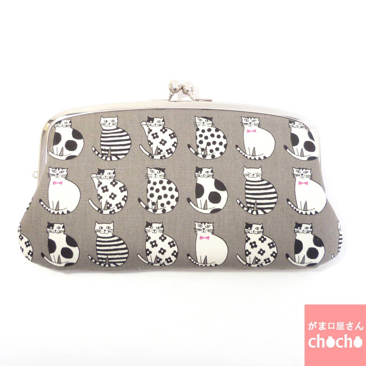 Yahoo!オークション - 親子がま口 長財布 おすまし猫さん グレー 猫柄 ...