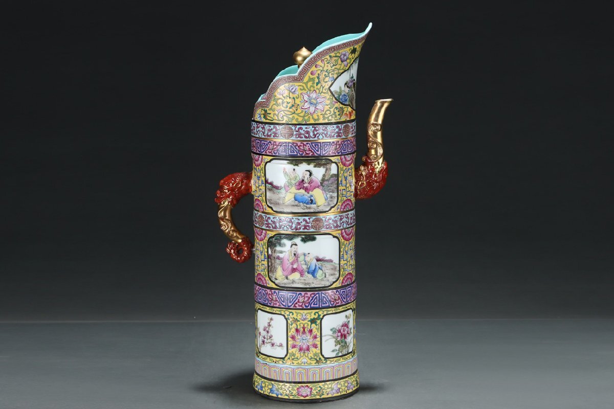 安】清時代 琺瑯彩花卉開窗人物図描金竹節壺 郎世寧絵 絹本 安】清時代 琺瑯彩花卉開窗人物図描金竹節壺 郎世寧絵 絹本
