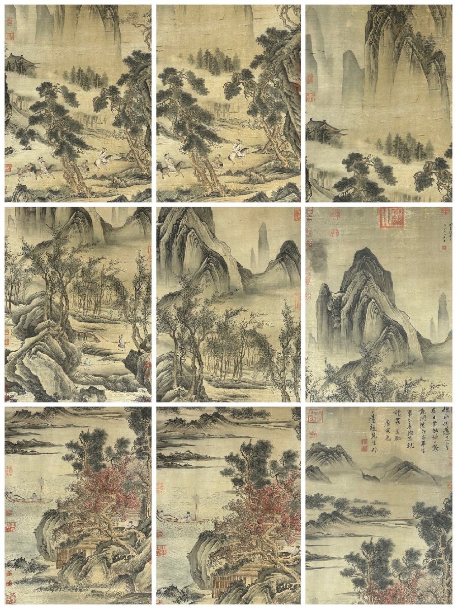 安】中国明時代画家「唐寅書」絹本「山水人物図十二条屏」掛軸 安】中国明時代画家「唐寅書」絹本「山水人物図十二条屏」掛軸