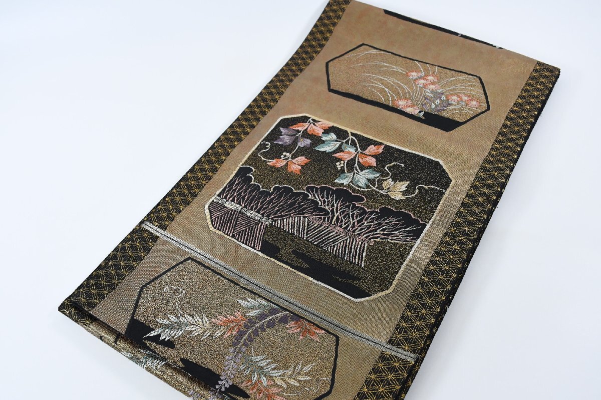 Yahoo!オークション - 袋帯 六通柄 秋草 花 金糸 帯丈438cm 着物屋 ne-...