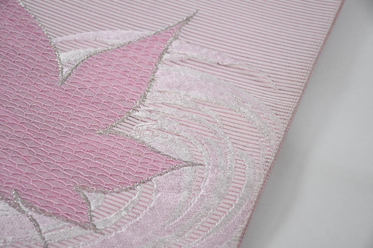 Yahoo!オークション - 袋名古屋帯 お太鼓柄 夏帯 葉 ピンク 帯丈358cm ...