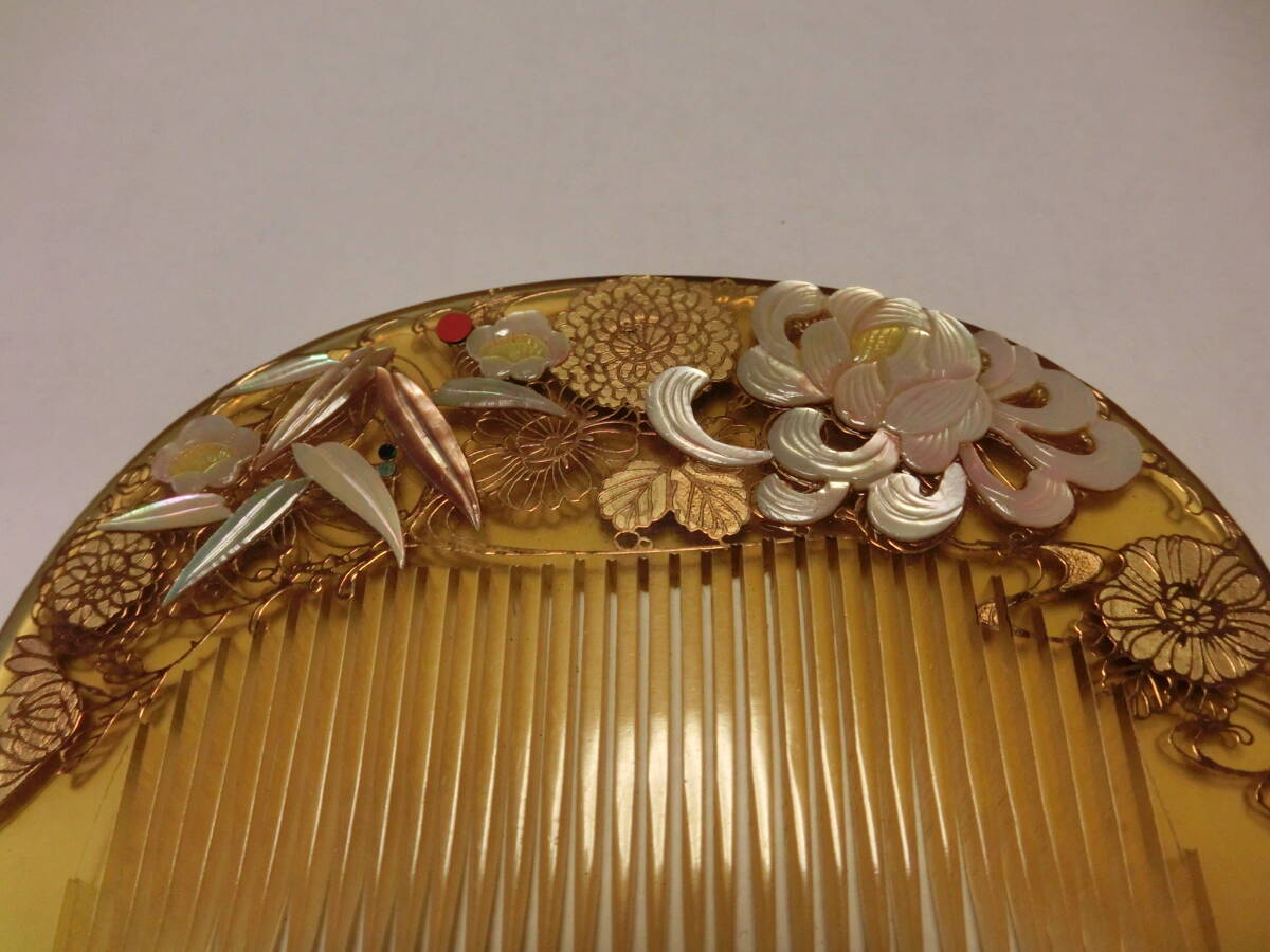美品*アンティーク*鼈甲*貝飾り*金線細工*菊、梅花の櫛&笄 美品*アンティーク*鼈甲*貝飾り*金線細工*菊、梅花の櫛&笄