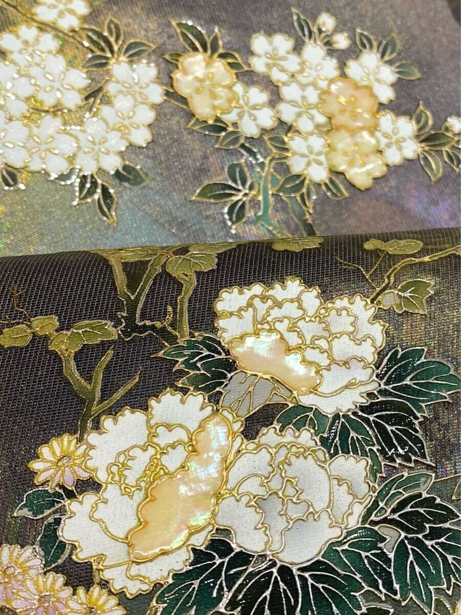 螺鈿細工 甲斐泰造 落款入 袋帯 鶴 鳥 金彩加工 正絹 お太鼓柄 螺鈿細工 甲斐泰造 落款入 袋帯 鶴 鳥 金彩加工 正絹 お太鼓柄