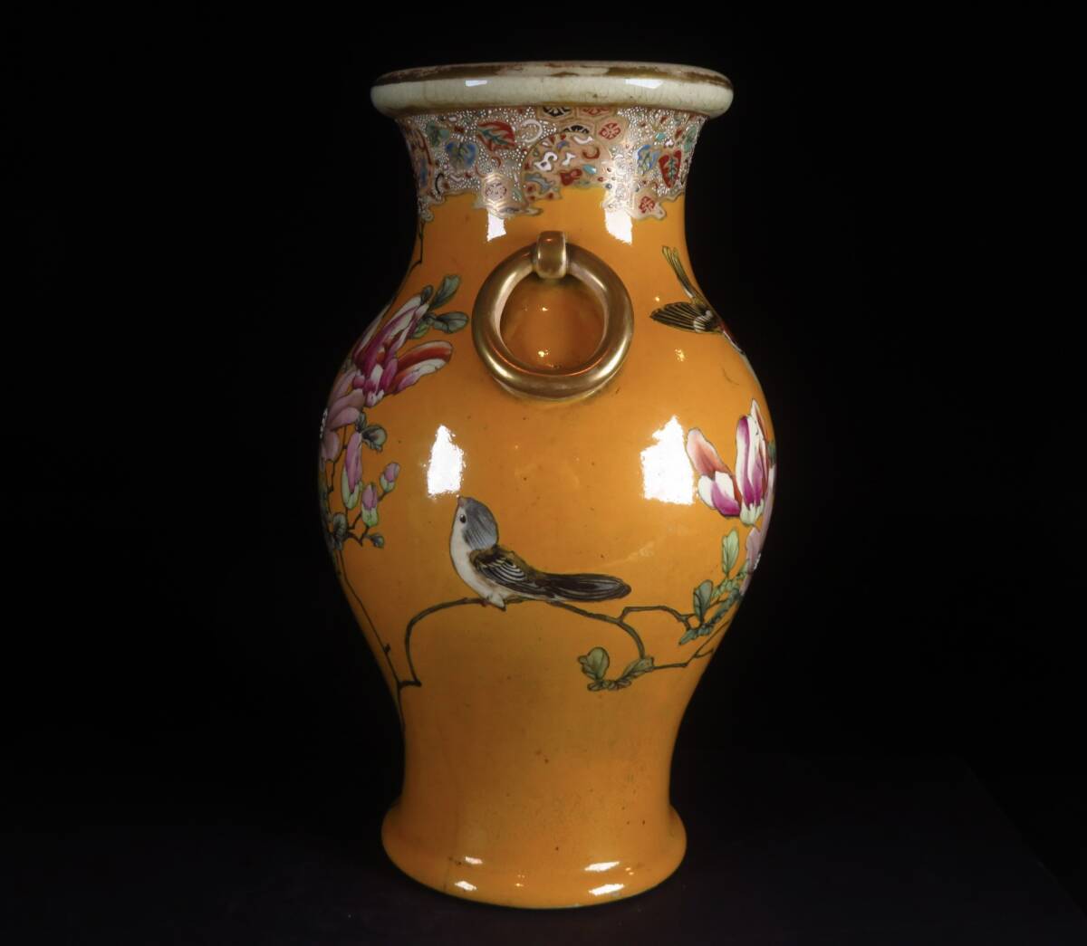 SAKURAYA】旧家整理品【金彩色絵花鳥文遊環付花瓶/薩摩焼 安田造 SAKURAYA】旧家整理品【金彩色絵花鳥文遊環付花瓶/薩摩焼 安田造