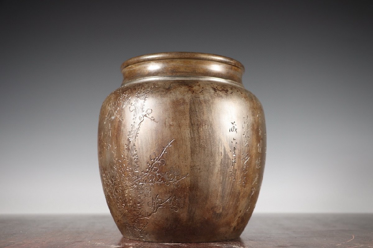 清】某収集家放出品 時代物 本錫 梅花漢詩紋茶壷17.5x20 清】某収集家放出品 時代物 本錫 梅花漢詩紋茶壷17.5x20