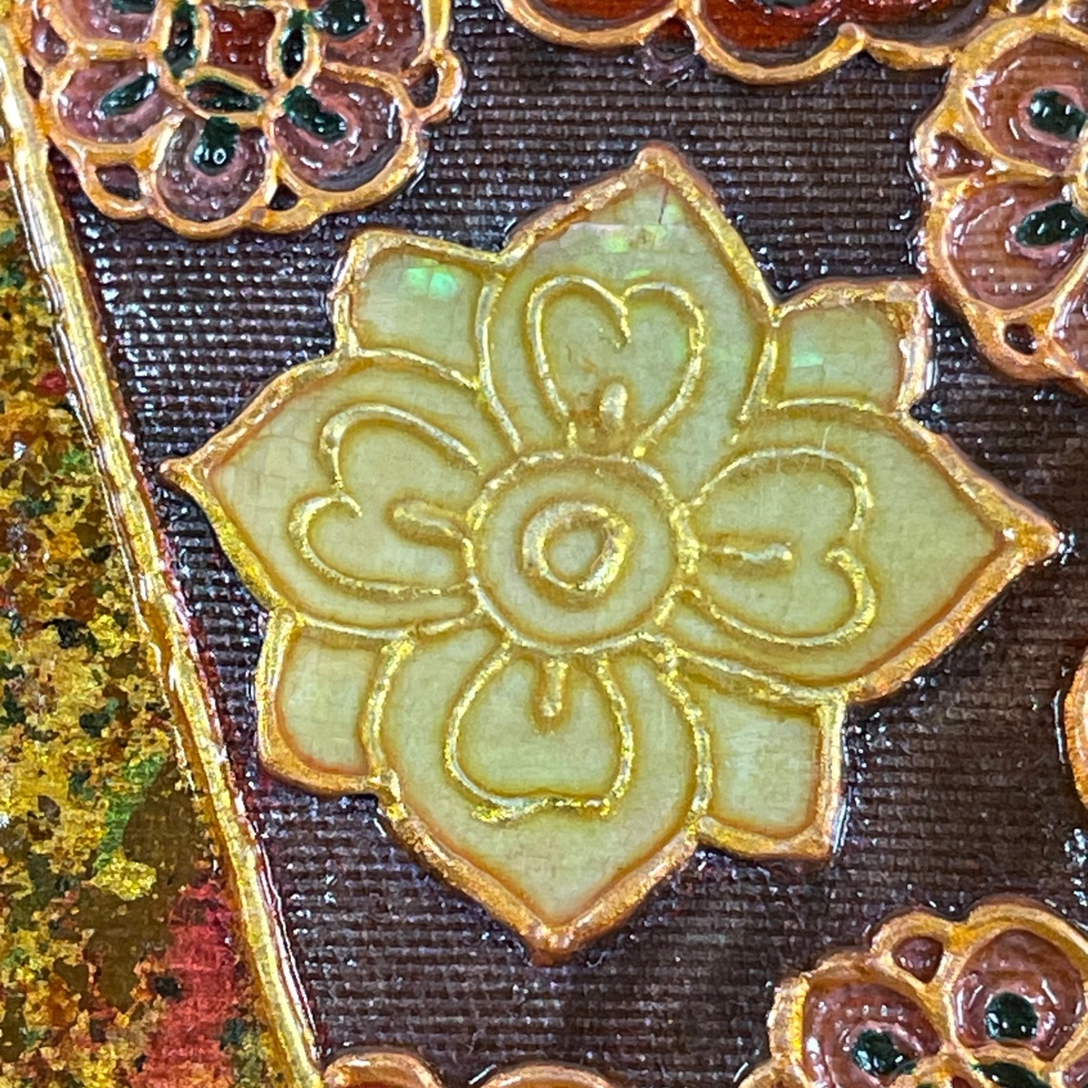 袋帯 美品 秀品 関西仕立て 陶漆箔 琵琶 花唐草 螺鈿 金彩 茜色 袋帯 美品 秀品 関西仕立て 陶漆箔 琵琶 花唐草 螺鈿 金彩 茜色