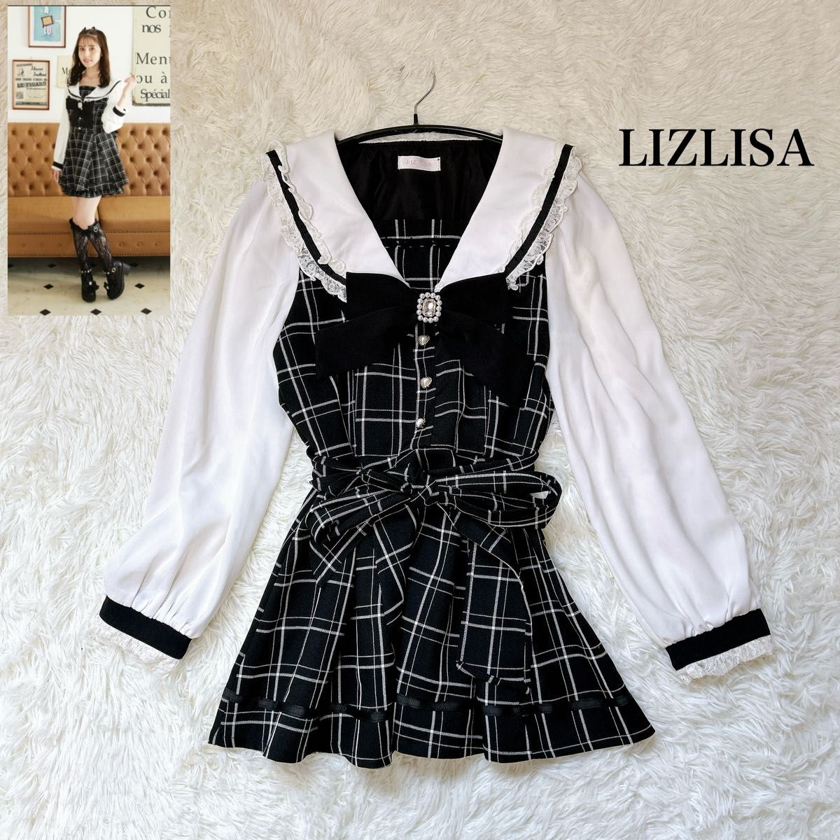 レア LIZLISA セーラー チェック リボン ブラック ワンピース レア LIZLISA セーラー チェック リボン ブラック ワンピース