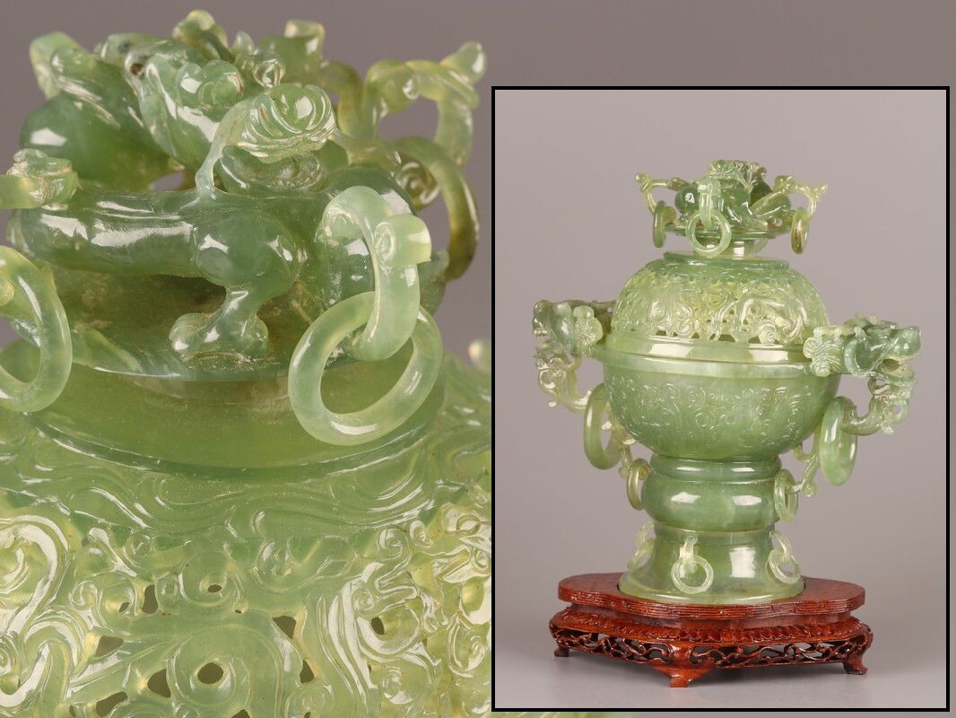 中国古玩 唐物 緑砡石 翡翠 遊環 置物 香炉 時代物 極上品 初 中国古玩 唐物 緑砡石 翡翠 遊環 置物 香炉 時代物 極上品 初