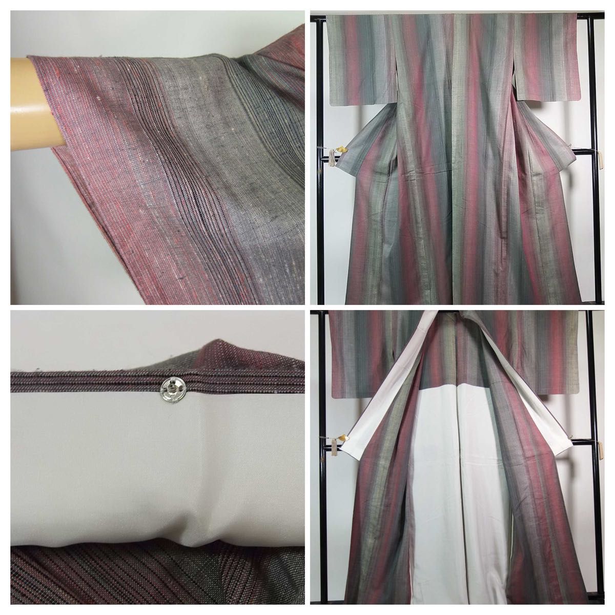 美品 単衣 真綿紬 鰹縞文様 着物 正絹 グレー×薄いピンク色系 美品 単衣 真綿紬 鰹縞文様 着物 正絹 グレー×薄いピンク色系