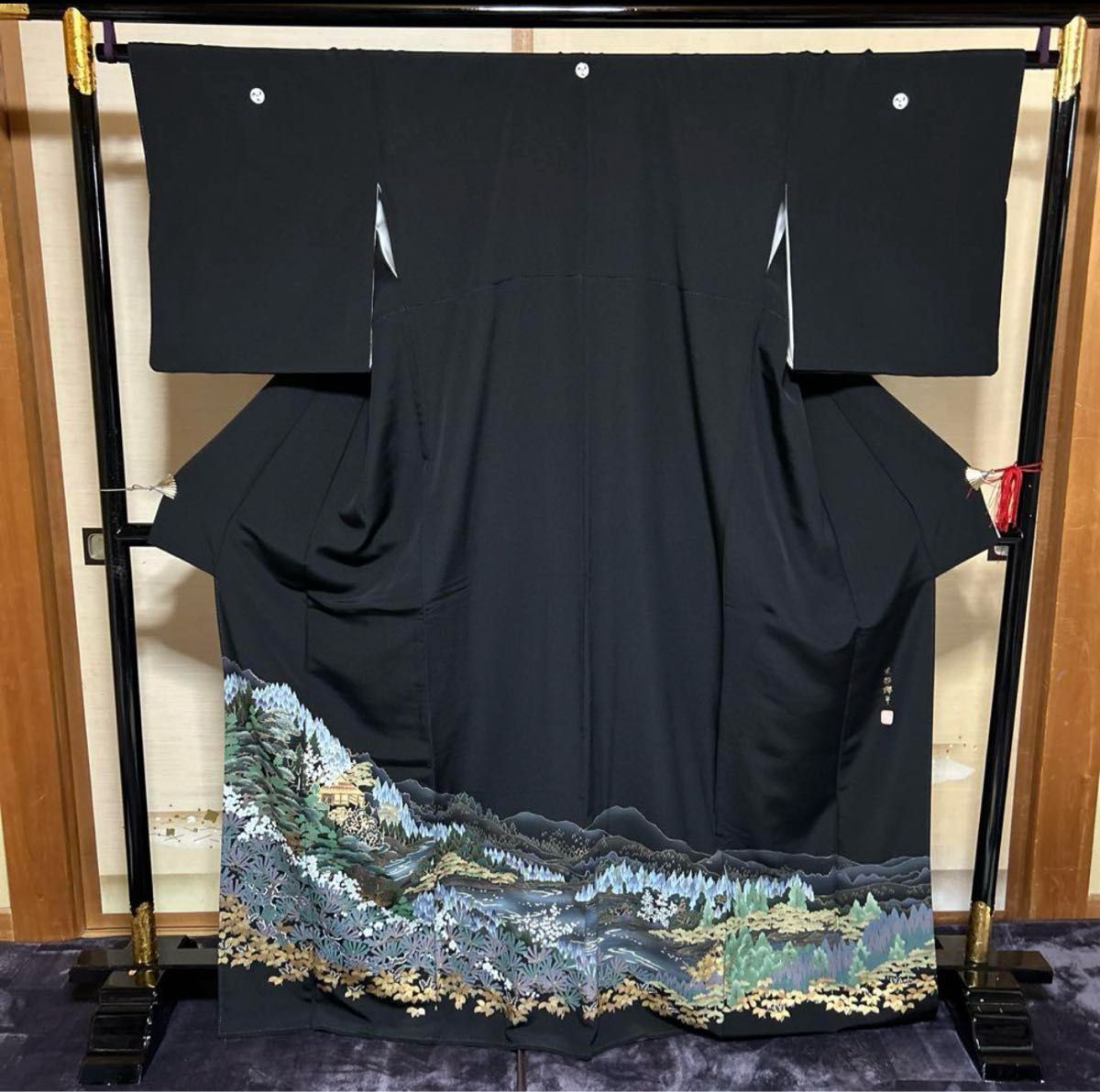 正絹作家5つ紋友禅黒留袖フルセット5点 美品着物+帯+帯締め+ 正絹作家5つ紋友禅黒留袖フルセット5点 美品着物+帯+帯締め+