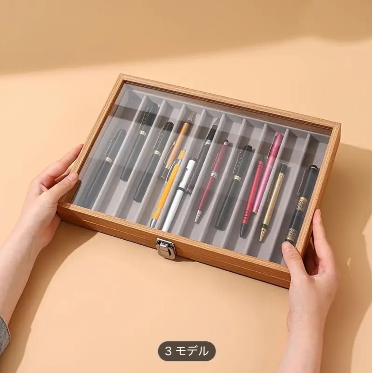 新品未使用】大容量木製ペンディスプレイケース ガラス蓋付き 新品未使用】大容量木製ペンディスプレイケース ガラス蓋付き