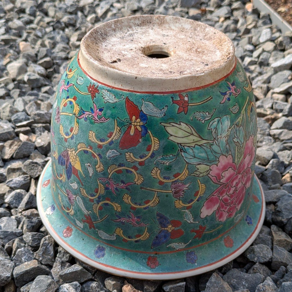 ① 希少 当時物 中国 景徳鎮 粉彩色絵鉢 蝶と牡丹 植木鉢 直径約 ① 希少 当時物 中国 景徳鎮 粉彩色絵鉢 蝶と牡丹 植木鉢 直径約