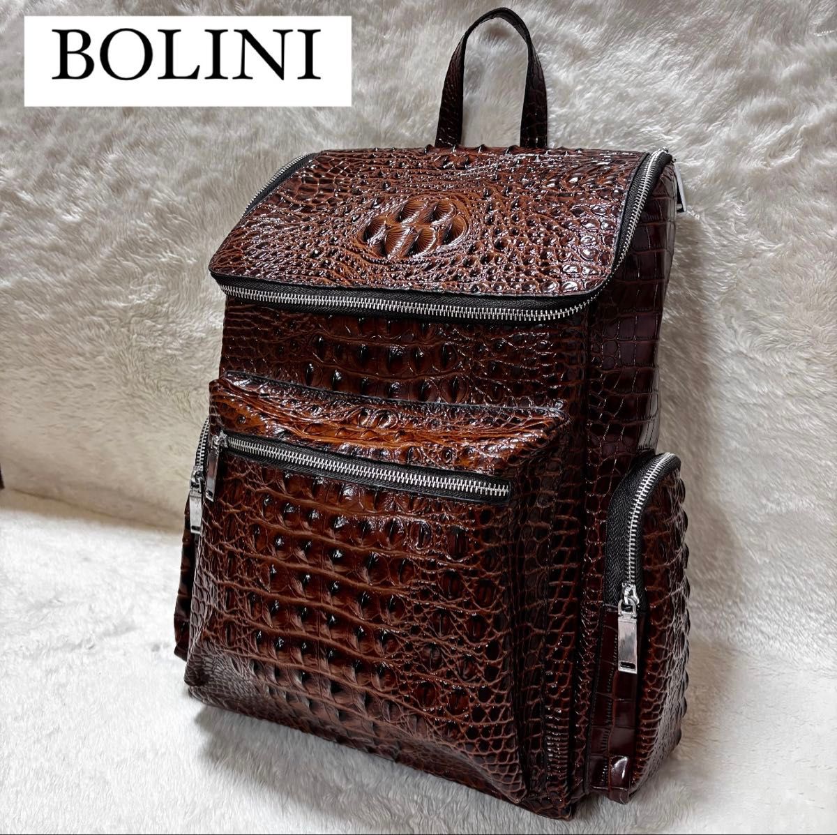 美品】BOLINI 定価259800円 最高峰牛革クロコ型押し リュック 美品】BOLINI 定価259800円 最高峰牛革クロコ型押し リュック