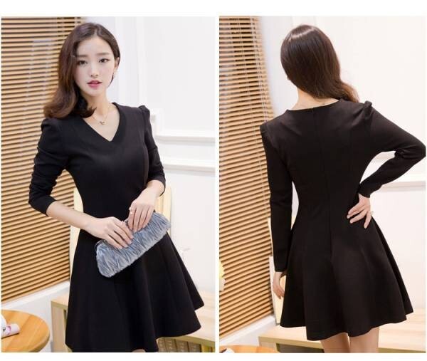 Yahoo!オークション - 2315 長袖 フレアー ワンピース XL 黒