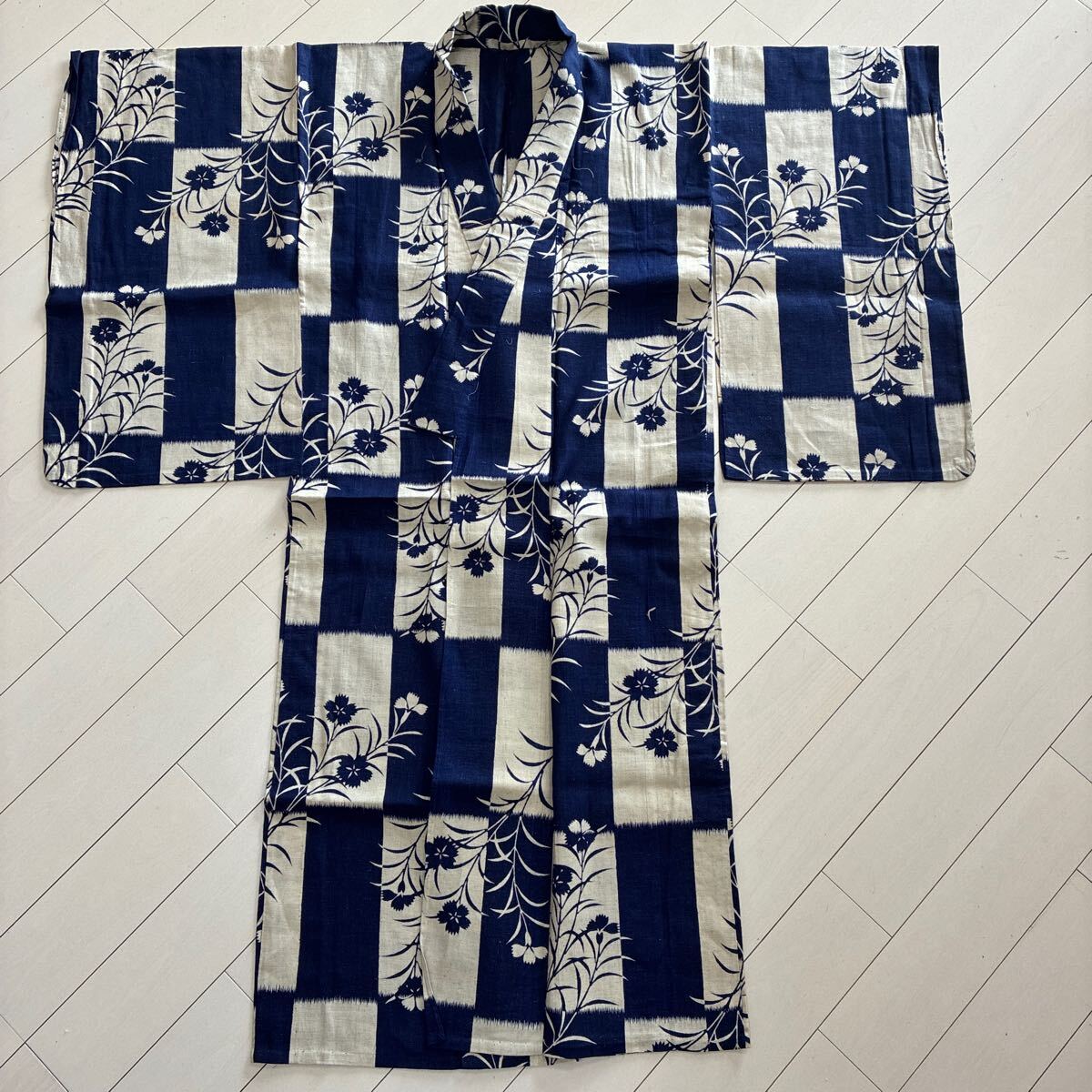 Yahoo!オークション - E4406 中古美品 木綿 生成り色に紺色 市松格子...