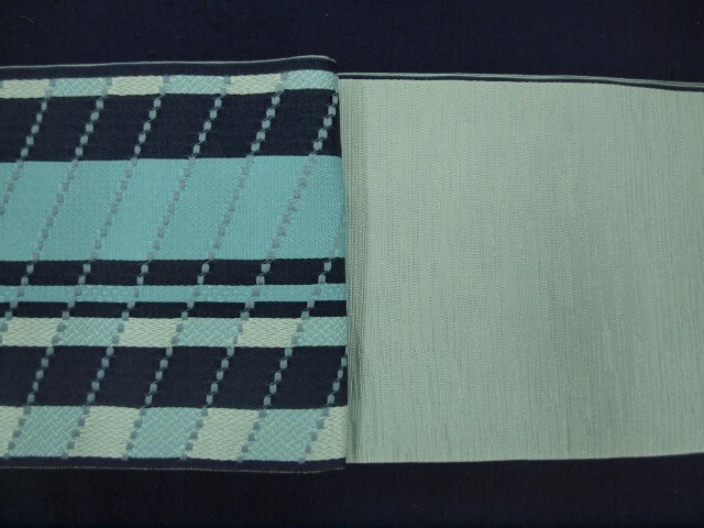Yahoo!オークション - 京紫織 0740 ロングサイズ半幅帯 水色 縞模様レ...