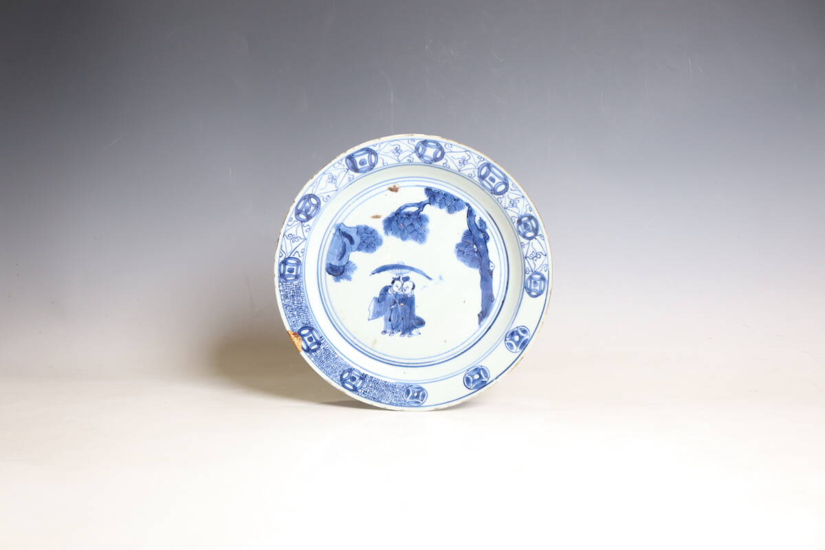 Yahoo!オークション - 中国美術 青花松下人物七宝紋盤 南京古染付平鉢 ...