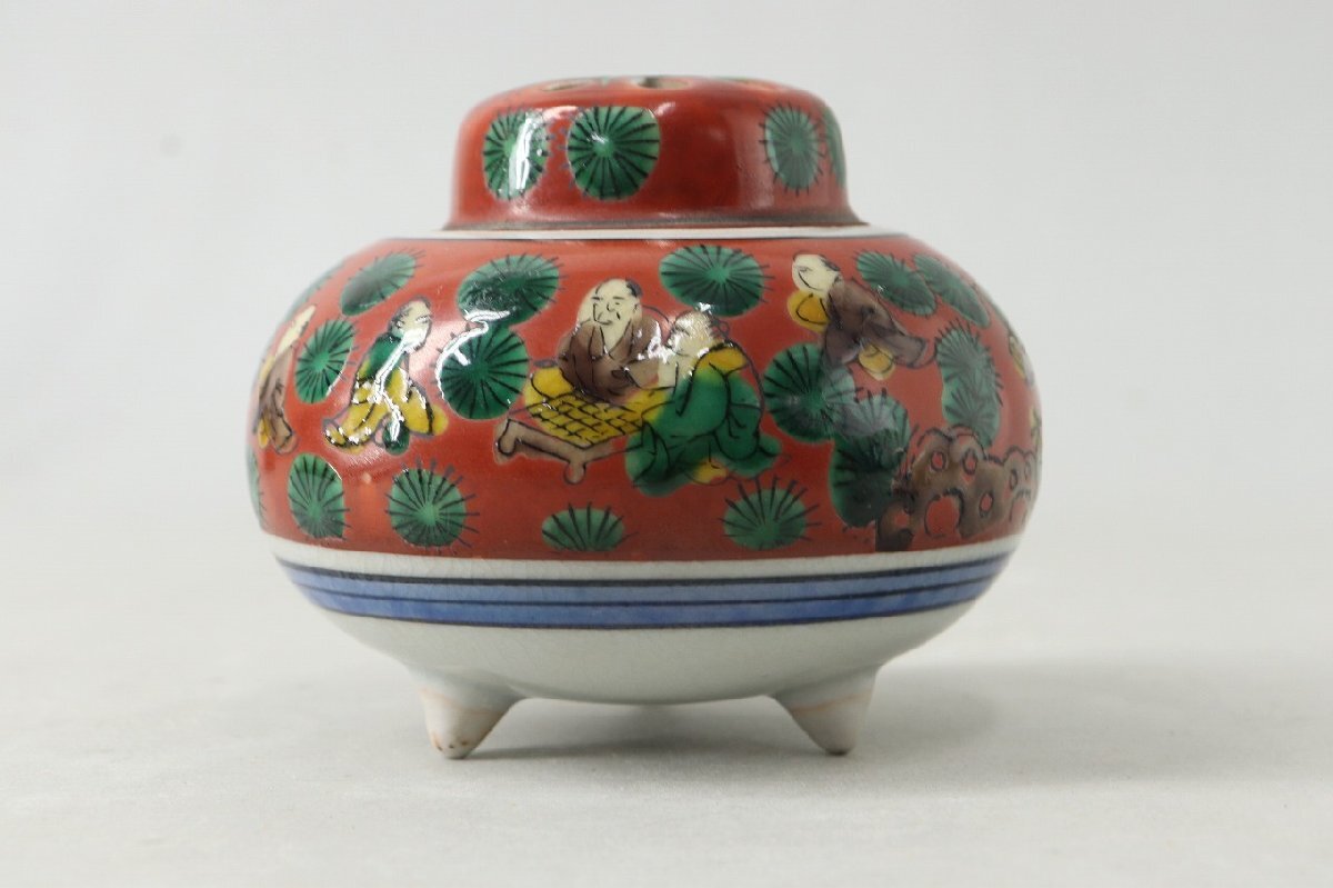 Yahoo!オークション - 九谷木米 角印 木米画風 三足香炉 赤塗り三彩 高...