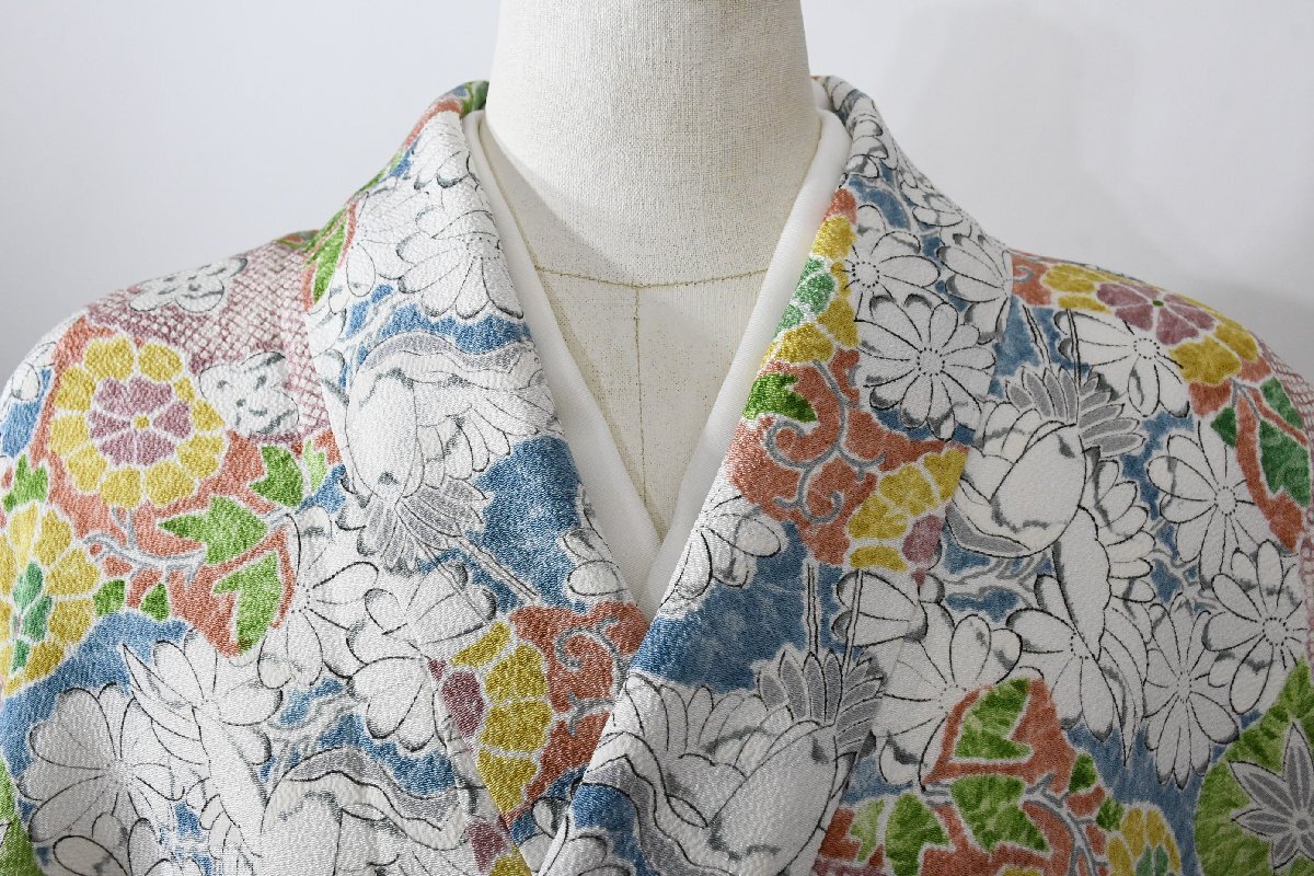 Yahoo!オークション - 小紋 着物 袷 鶴 菊 道長文様 ちりめん 身丈159c...