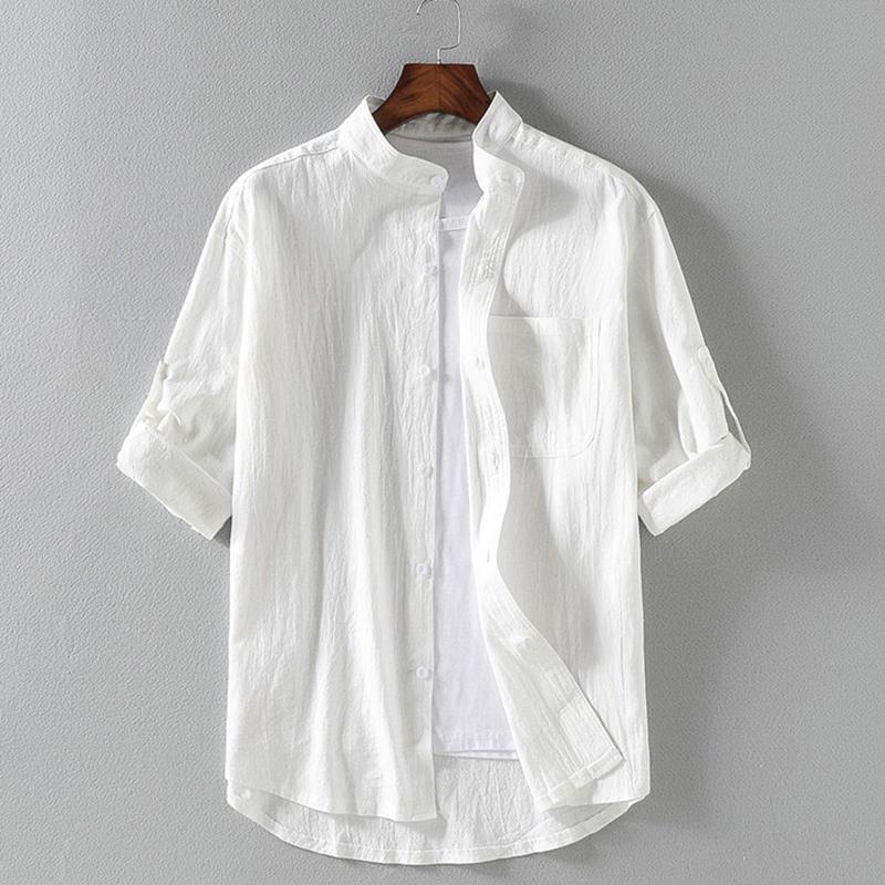 Yahoo!オークション - 新品 ホワイト リネン風 バンドカラーシャツ メ...