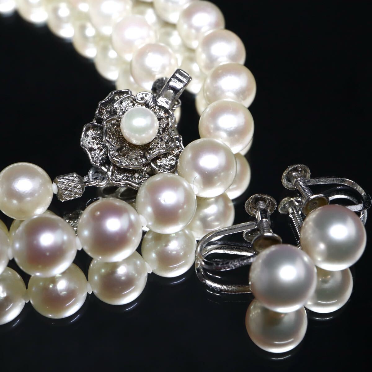 K14WG 約7.0-7.5mm珠 テリ良好 保証書付き アコヤ本真珠ネックレス&イヤリング M 約40.3g 約44.5cm pearl パール necklace DF0/EB5 P24 ...