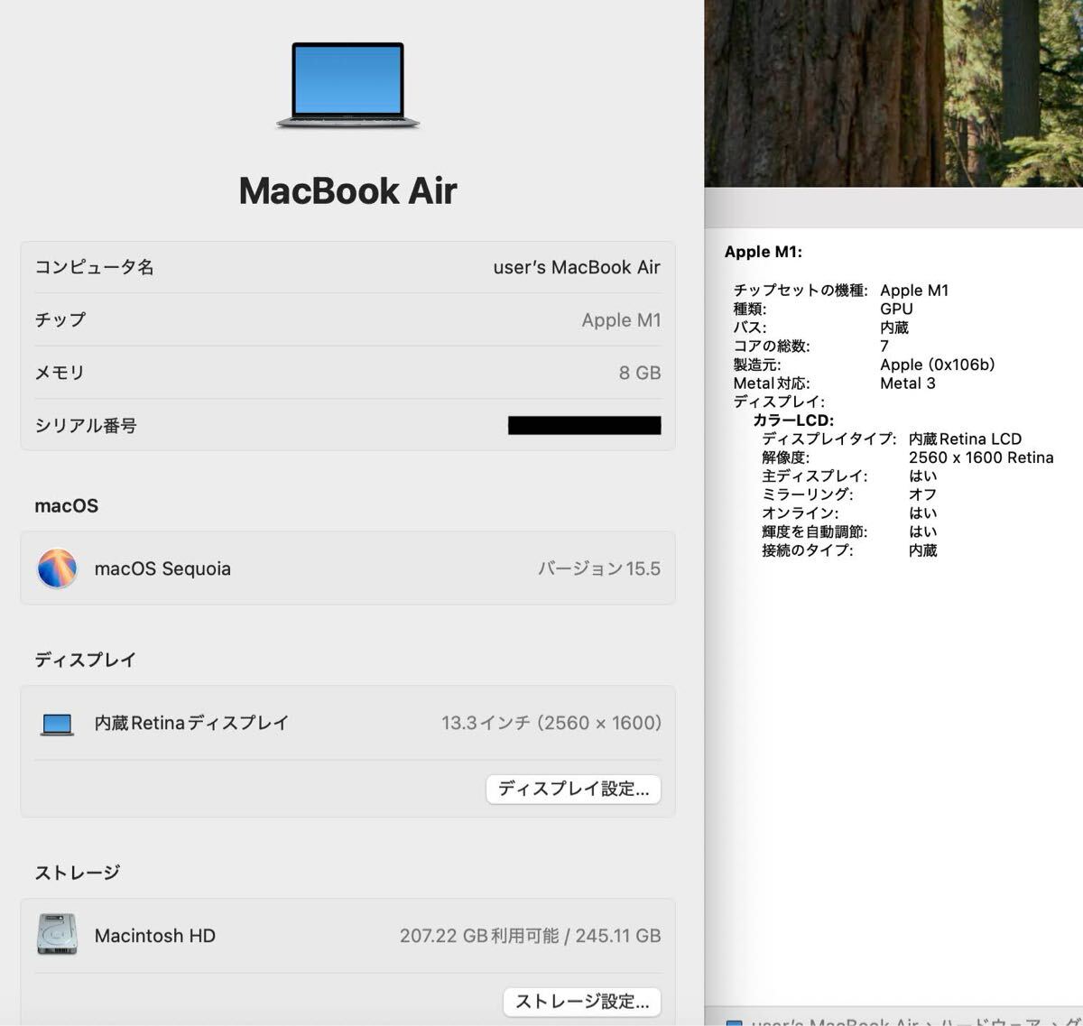 バッテリー最大容量95％ Apple MacBook Air M1 2020 MGN63J/A 8C CPU/7C GPU 8GB 256GB ...