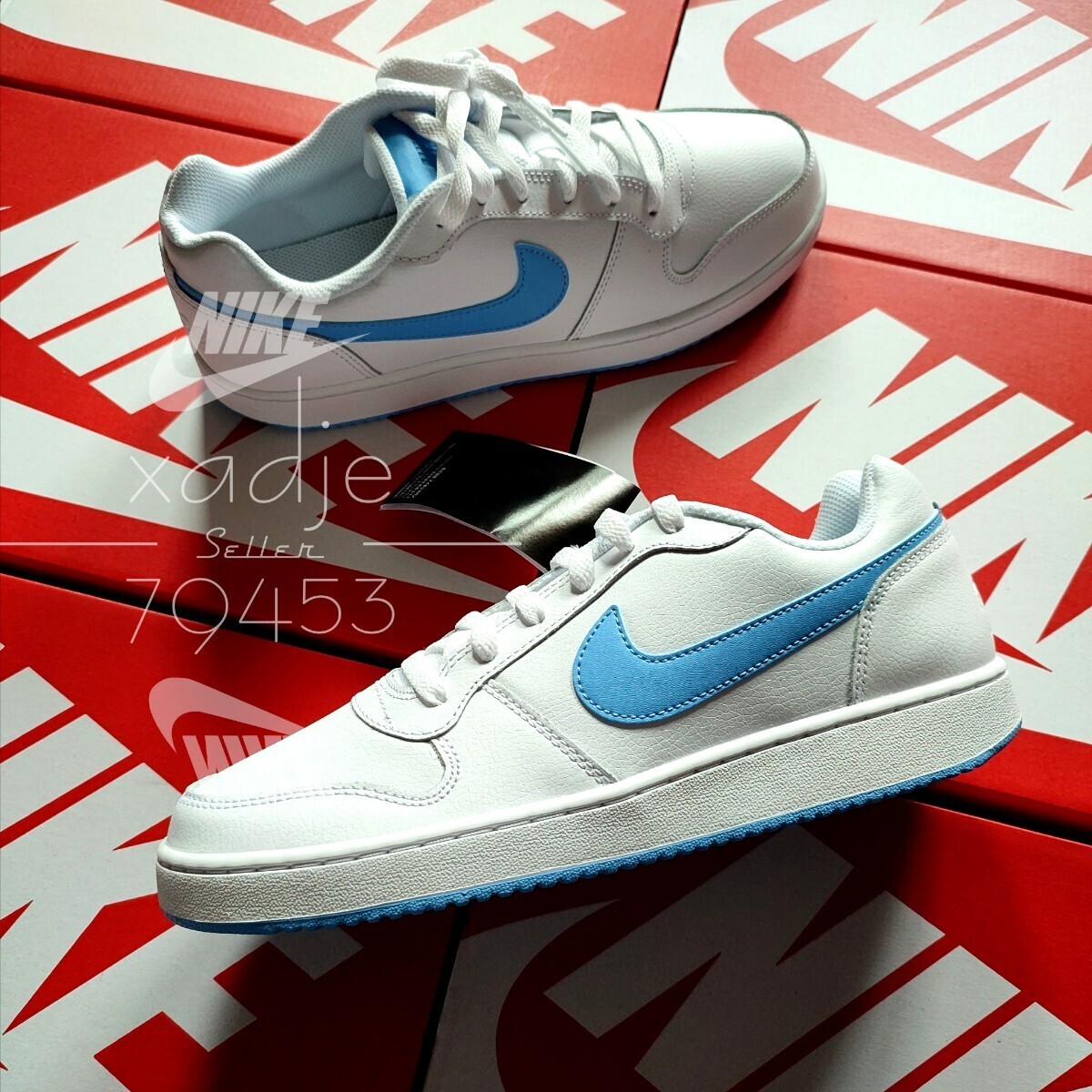 正規品 NIKE ナイキ EBERNON LOW エバノン ロー 白 ホワイト 水色 ユニバーシティーブルー 定価8580円 28.5cm US10.5 箱付き(28.5cm)｜売買された ...