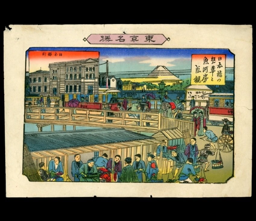 Yahoo!オークション - (5809)明治の彩色版画 東京名勝 向島・皇居・魚...