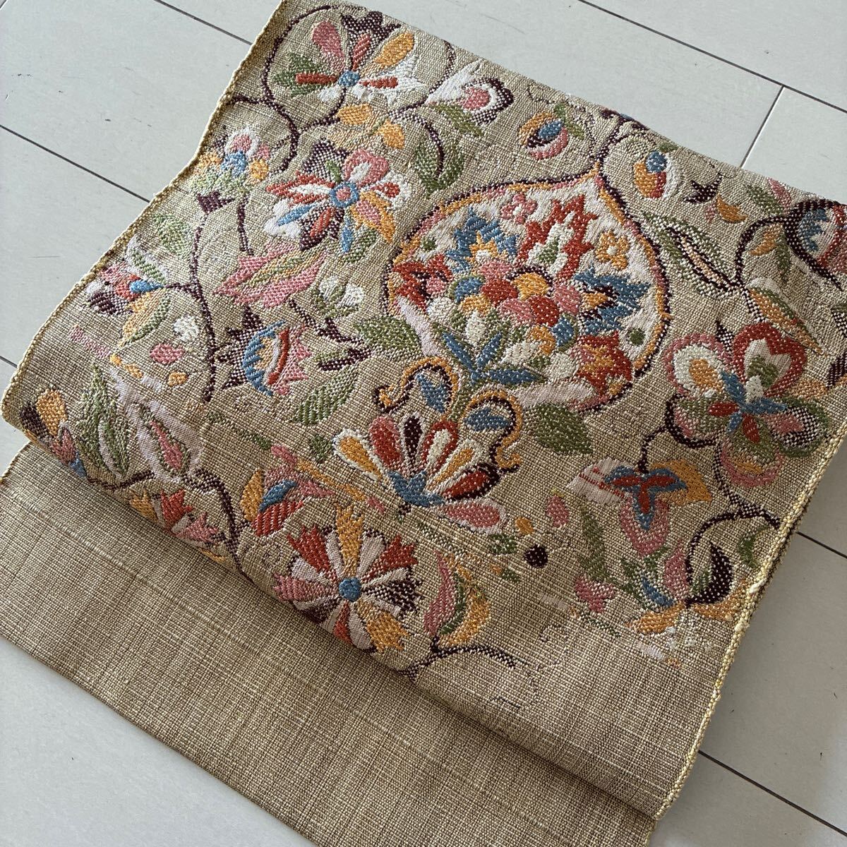 Yahoo!オークション - C736 中古美品 麻混 蒸栗色 全手刺繍 花模様 名...