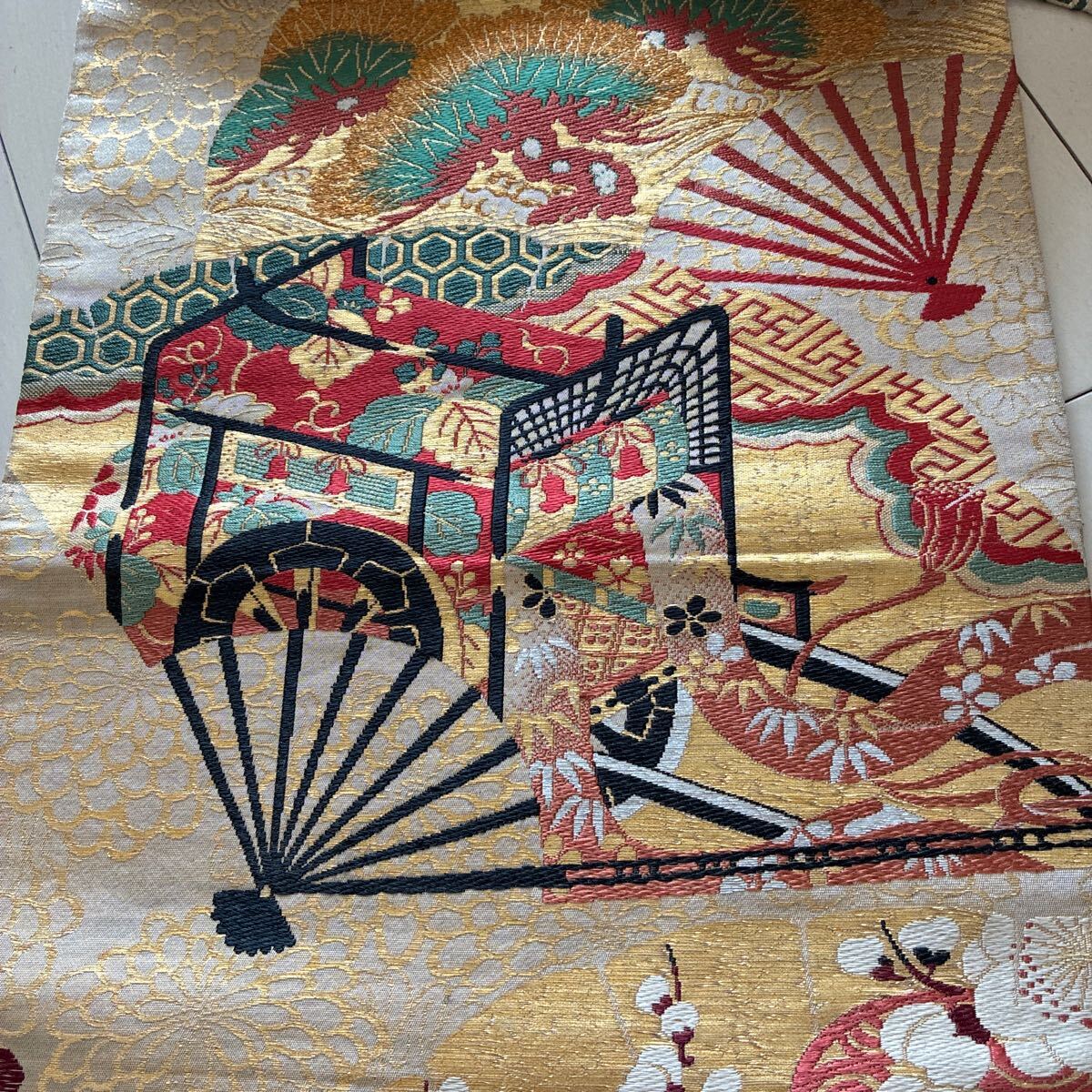 Yahoo!オークション - C753 アンティーク 正絹 金彩 扇面に御所車 丸...