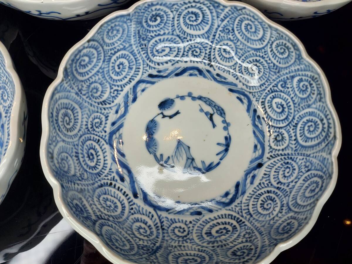 Yahoo!オークション - K08-0612 古伊万里 染付 五寸鉢 輪花形 松竹梅 ...