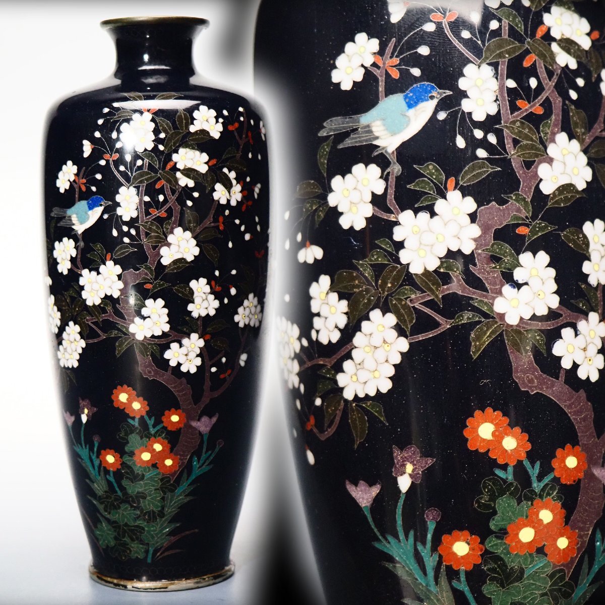 Yahoo!オークション - 【治】時代七宝作品 花鳥紋七宝花瓶 箱付 高さ 1...