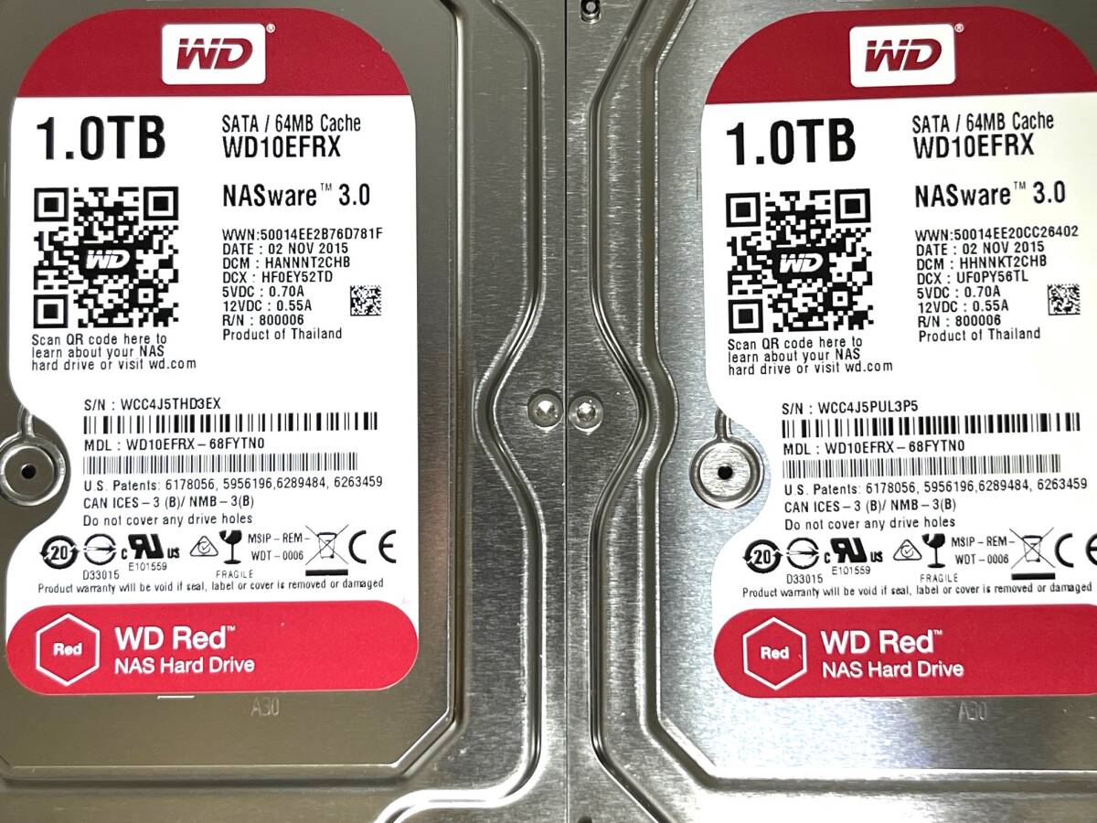 2個セット 1TB WD10EFRX / WD Red 同様 使用時間：25h＆25h 2015年製 Western Digital 3.5インチ HDD AVコマンド対応 2台(1TB ...