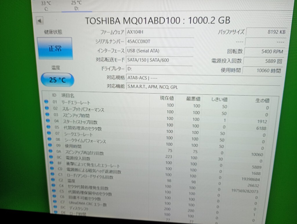 Yahoo!オークション - 5899時間 ＋ 10060時間 ／1TB HDD 2個セット ノ...
