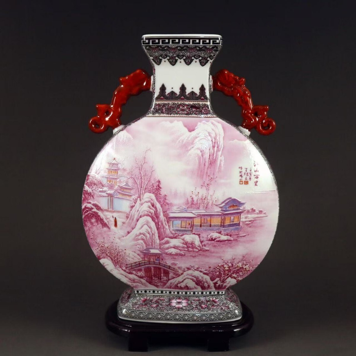 Yahoo!オークション - B119中国美術 粉彩 山水 抱月瓶 置物 中国古玩 ...