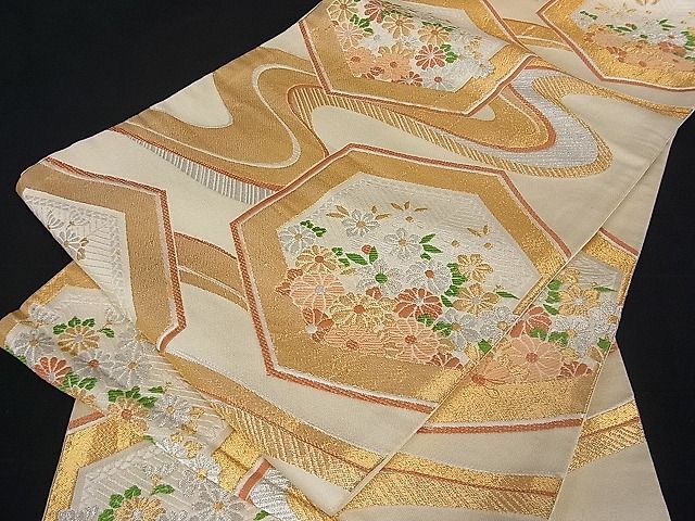 Yahoo!オークション - 平和屋着物 六通柄袋帯 流水亀甲花文 金銀糸 du1...