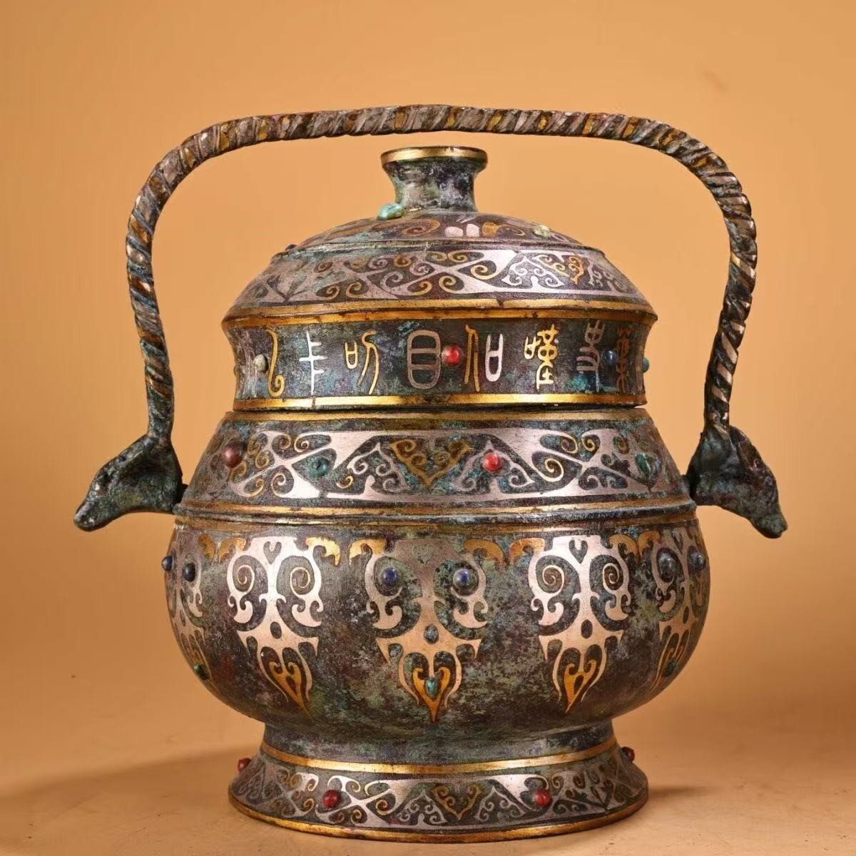 Yahoo!オークション - z18旧家収蔵 青銅器 錯金銀 象嵌 宝石 重さ2200...