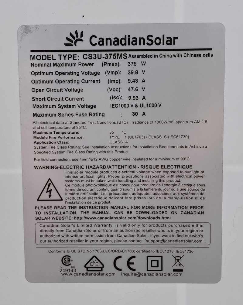 Yahoo!オークション - 中古品・単結晶 Canadian Solar / CS3U-375MS 3...