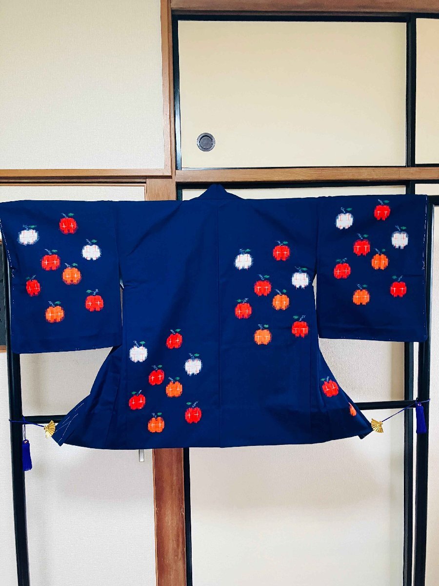Yahoo!オークション - 子供用着物 正絹 / 藍色系 ブルー系 / 林檎 リン...