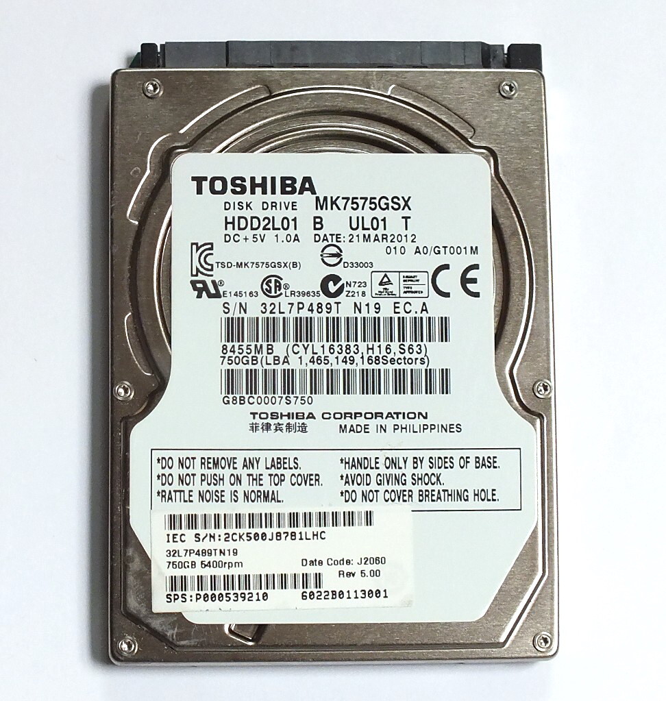 Yahoo!オークション - 使用時間少なめ TOSHIBA 2.5インチHDD SATA 750G...