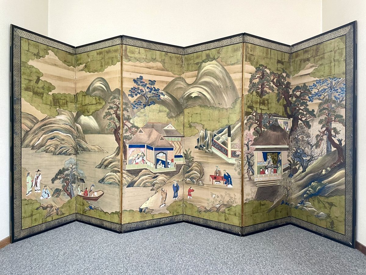 Yahoo!オークション - A222【真作】唐画 中国画 六曲屏風 六曲半双屏風...