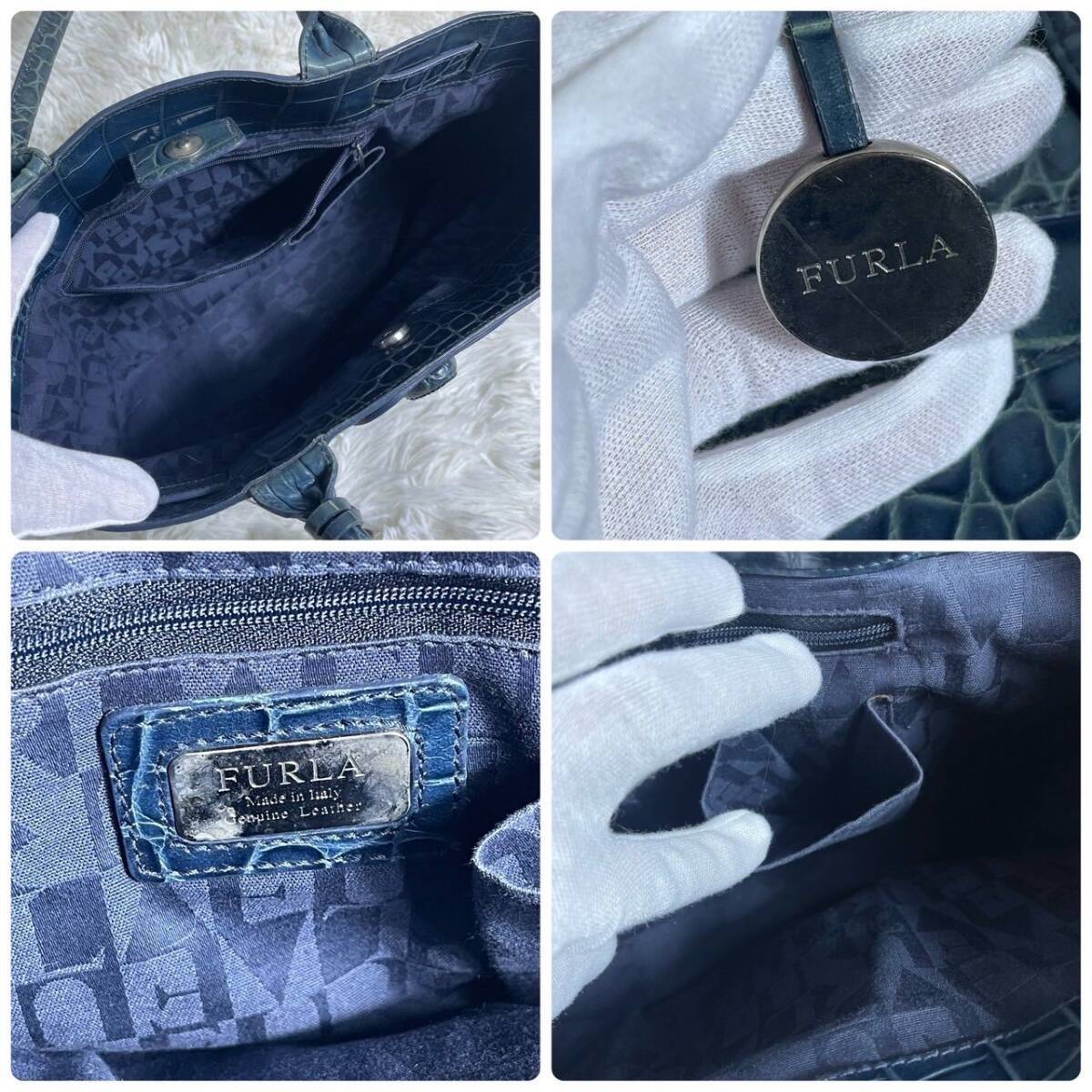 Yahoo!オークション - フルラ ブルー クロコ型押し トートバッグ ショ...