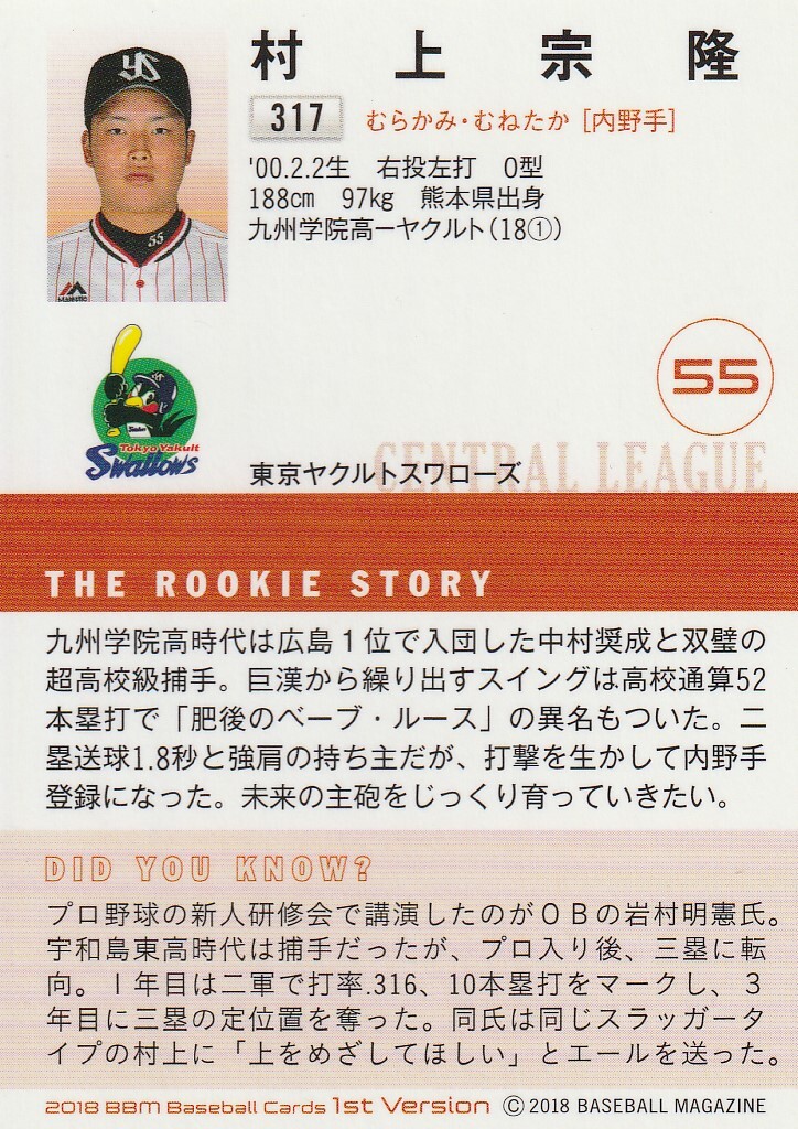 Yahoo!オークション - 2018BBM 1stバージョン 村上宗隆 （ヤクルト...